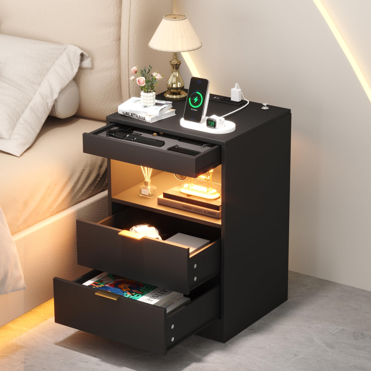 Nightstand with Gun Drawer, Invisible Lock & Charging – Black ...