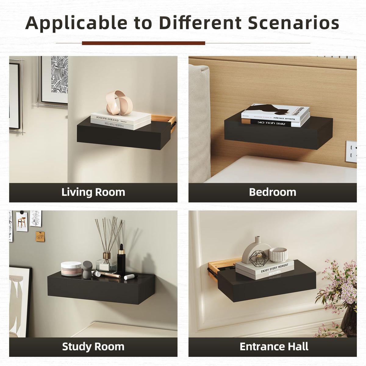Wood Concealment Floating Shelf with Hidden Drawer (15.7″)