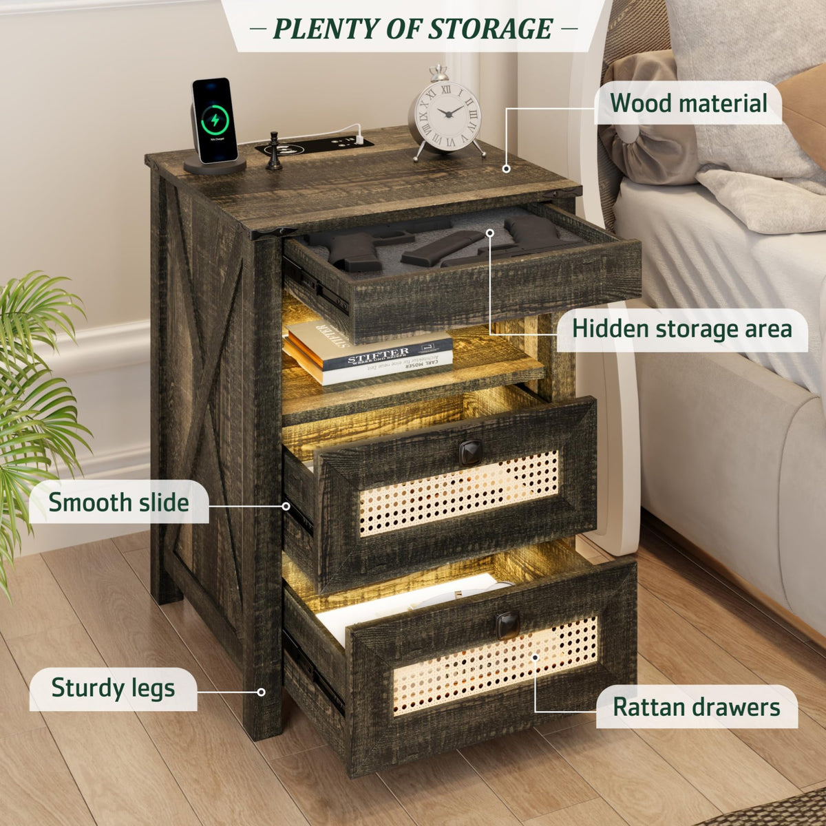Night Stand with Gun Drawer Concealment Furniture | Secret Stashing